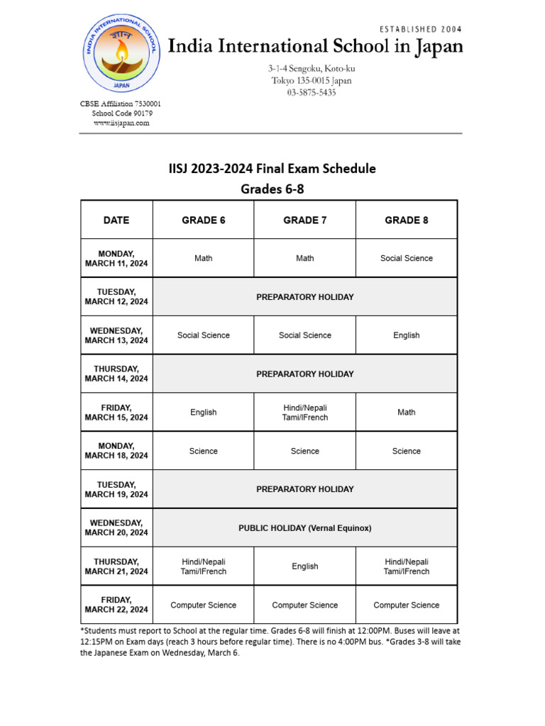 IISJ 2023-2024 Grades 6-8 Exam Schedule | PDF
