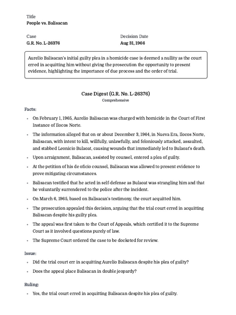 Balisacan Homicide Case Ruling Summary | PDF | Acquittal | Plea