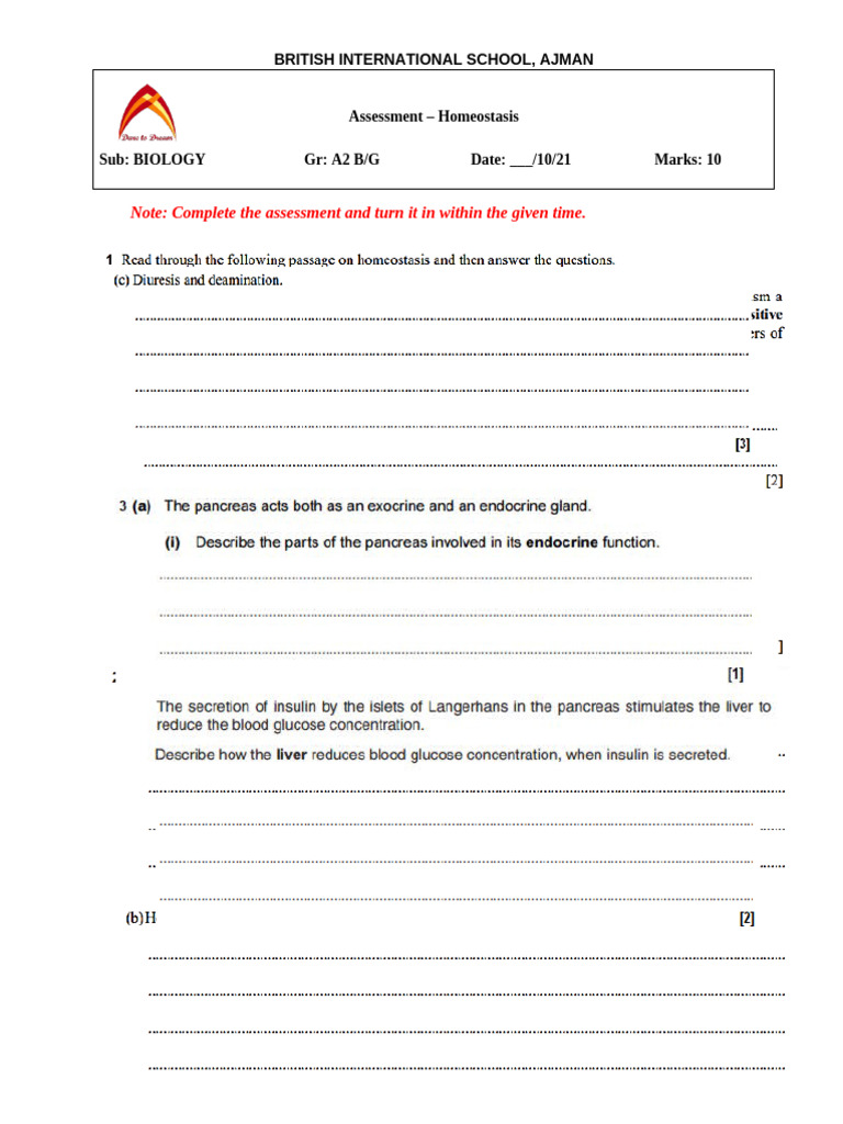 Homeostasis Assessment for A2 Biology | PDF