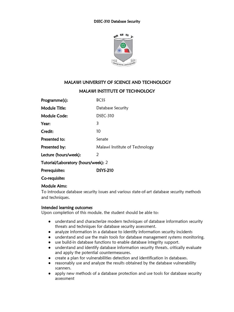 Course Outline DSEC-310 Database Security | PDF | Databases ...