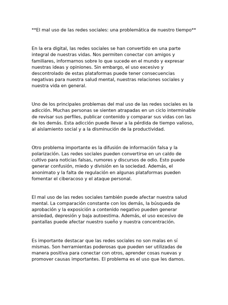 El Mal Uso de Las Redes Sociales | PDF | Redes sociales | Cultura ...