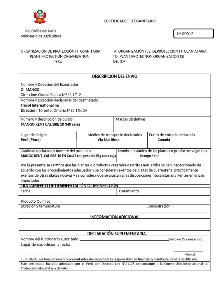 Certificado Fitosanitario para Mango Kent | PDF