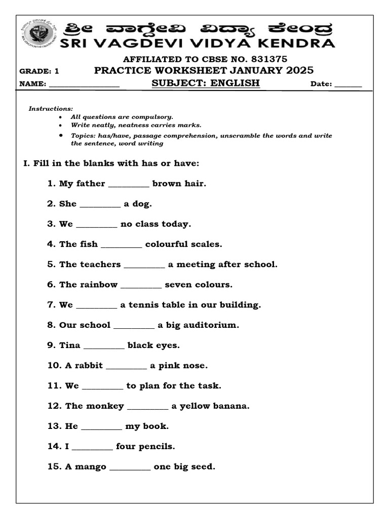 GRADE 1 Worksheet 2024-25 Jan New | PDF