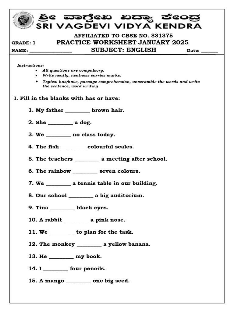 Grade 1 English Practice Worksheet | PDF