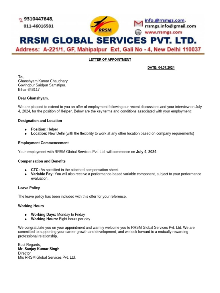 Ghanshyam Appointment Letter | PDF