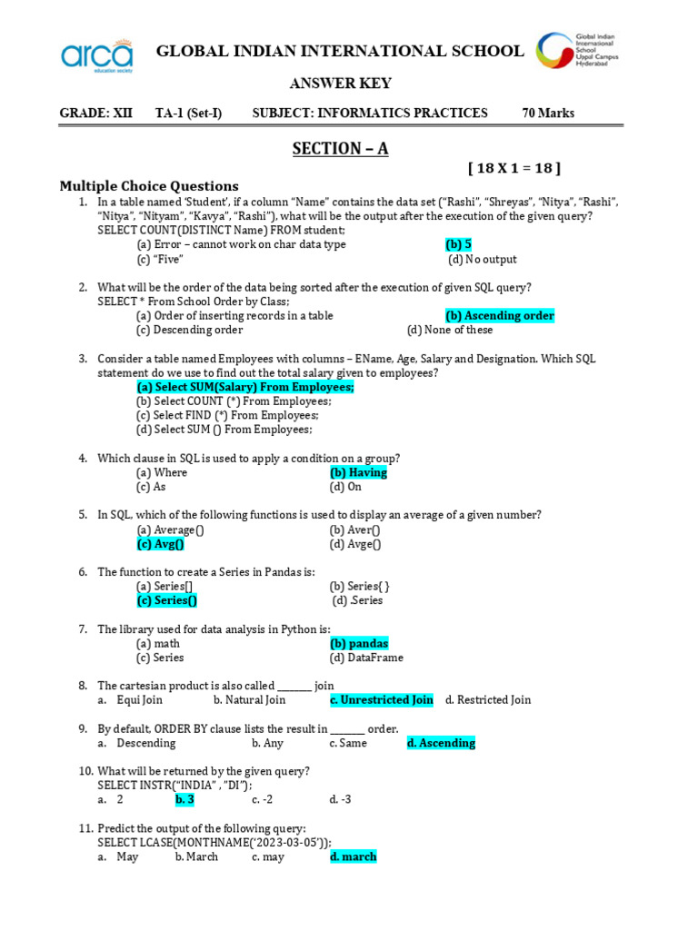 Grade12 IP Answer Key TA-1 | PDF | Sql | Table (Database)