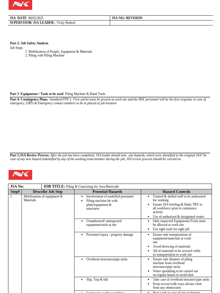 N.K JSA for Piling_IRIPL (1) (1) | PDF | Personal Protective Equipment | Safety