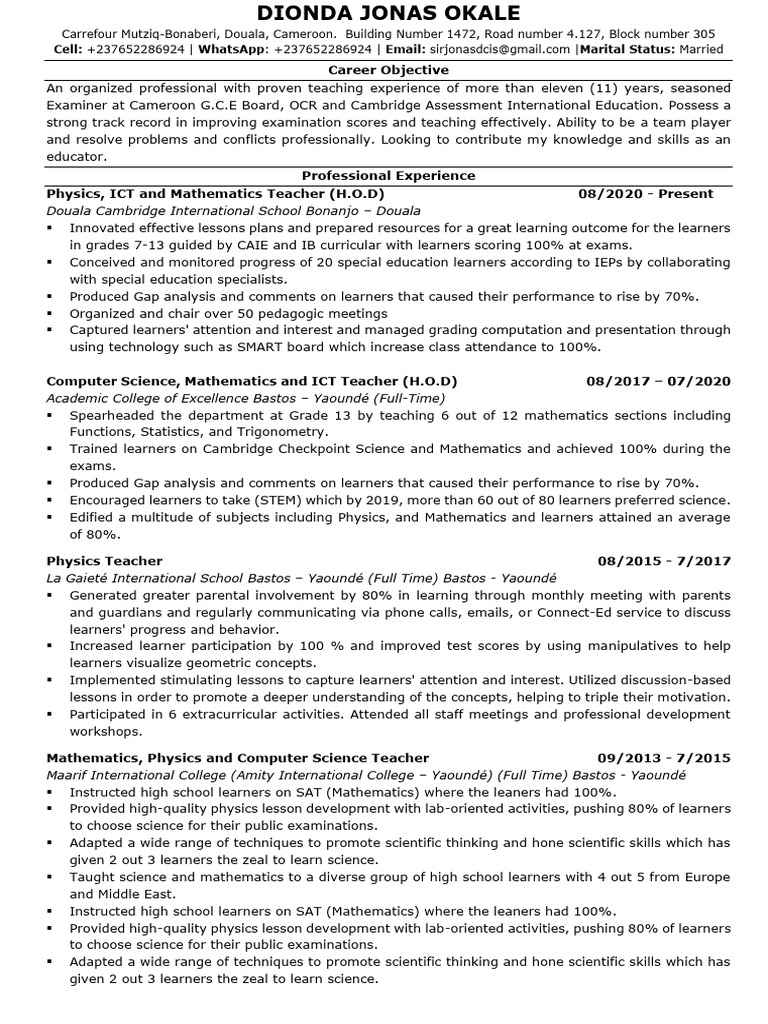 Dionda Jonas Okale Curriculum Vitae 2024 Final1 | PDF | Learning | Teachers