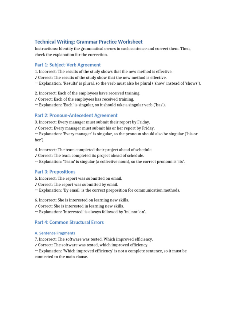 Grammar Practice Worksheet for Technical Writing | PDF | Grammatical ...