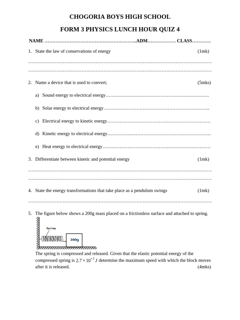 Form 3 Physics Energy Quiz | PDF