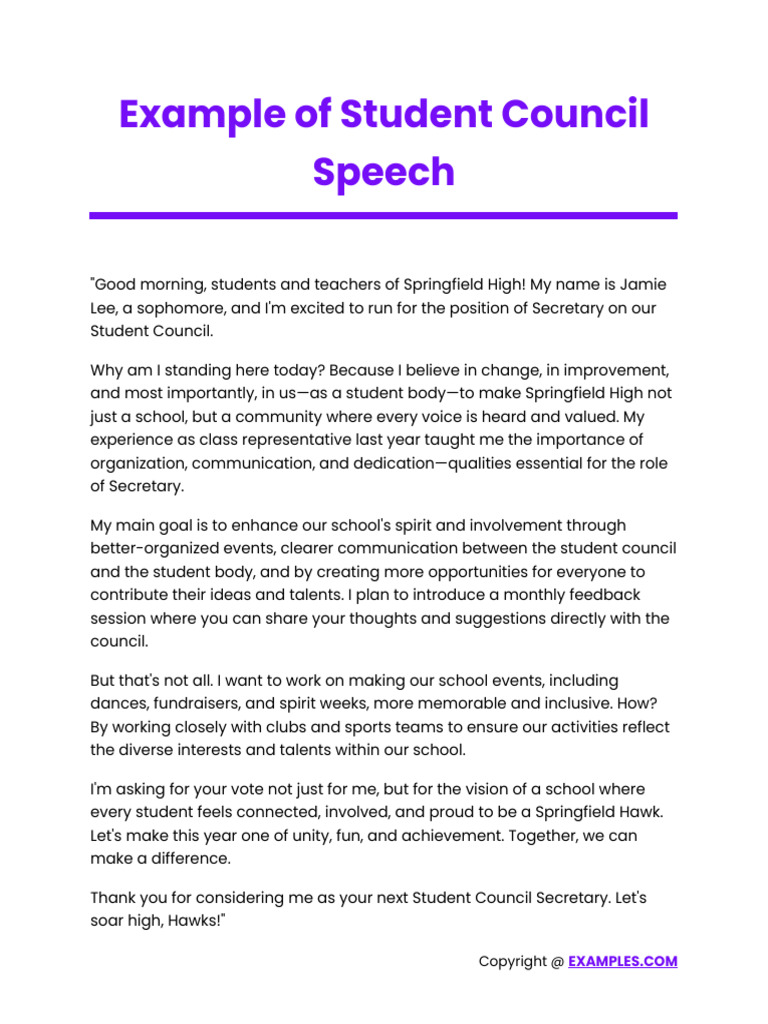 Student Council Secretary Speech Example | PDF