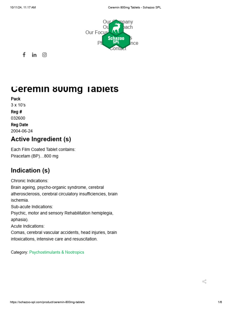 Ceremin 800mg Tablets - Schazoo SPL | PDF
