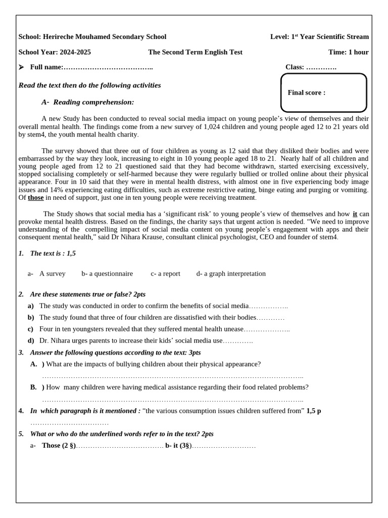 1st Year Second Term Test 2025 | PDF | Adjective | Mental Health