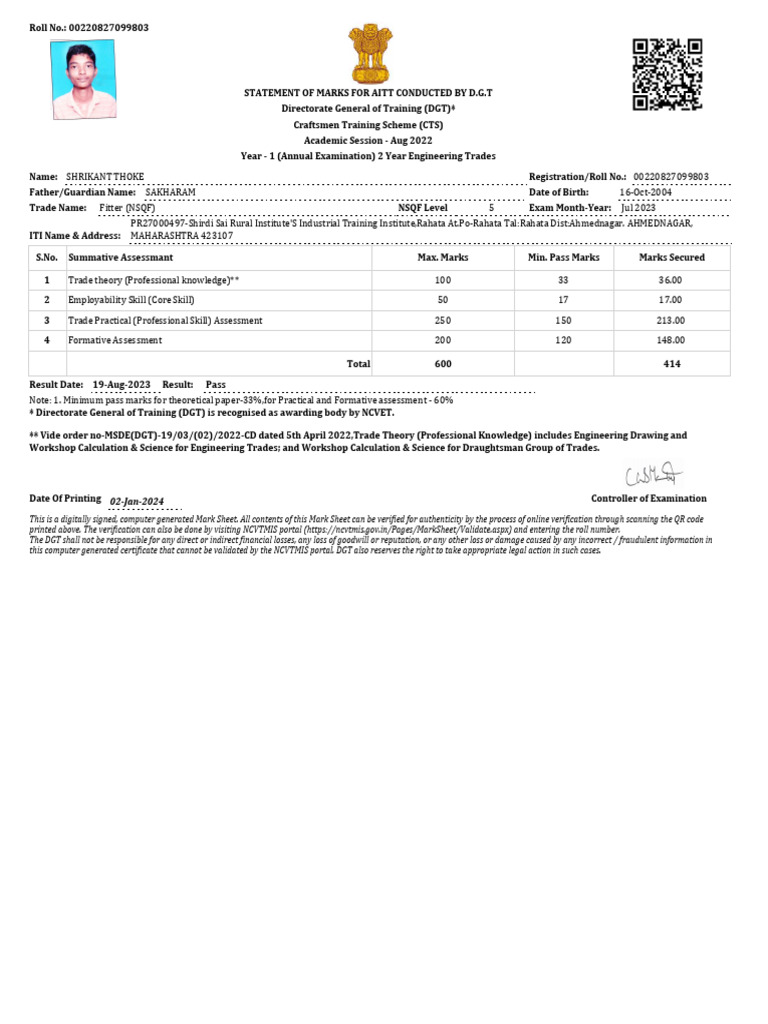 Iti First Year Marksheet | PDF