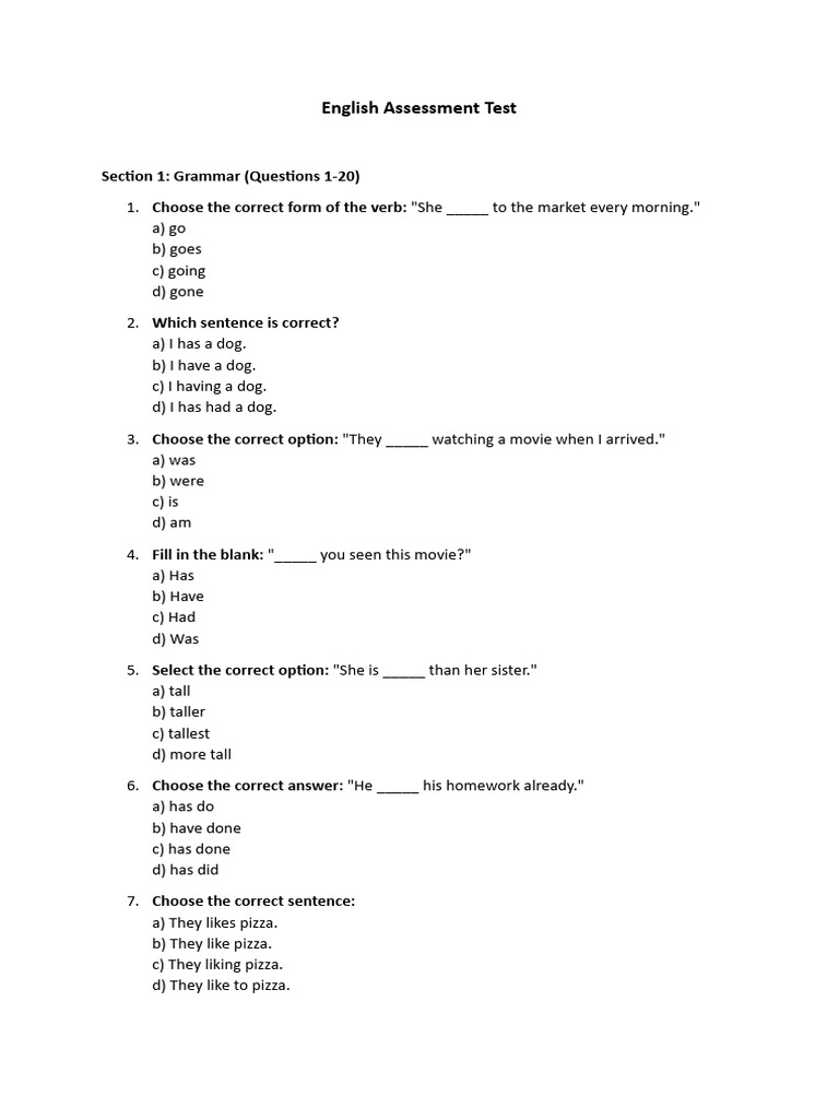English Assessment Test | PDF | Physical Fitness