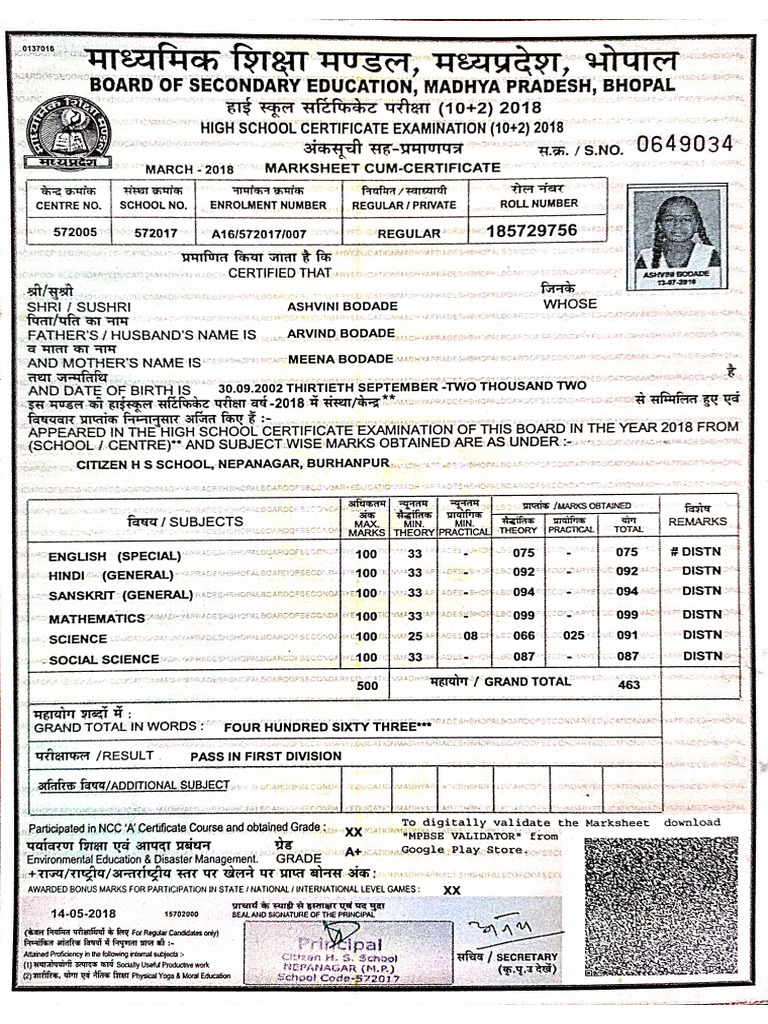 10th Marksheet | PDF