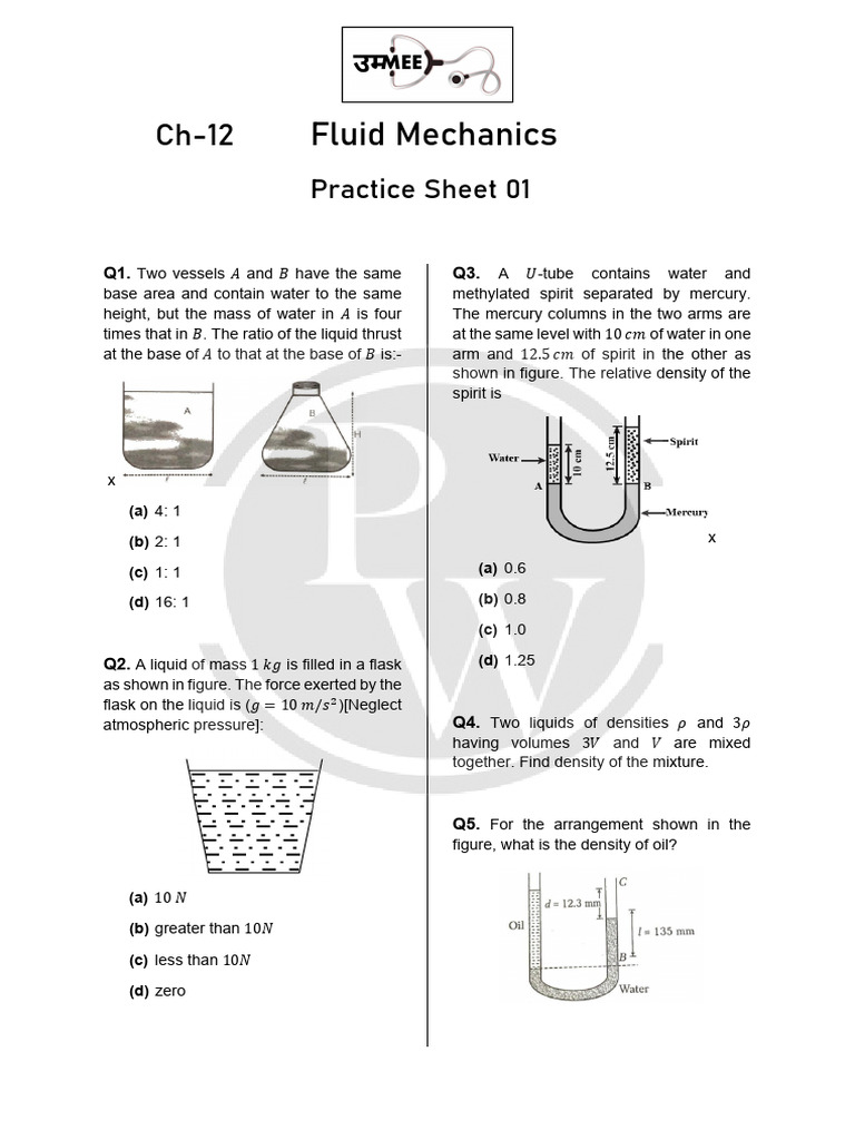 Fluid Mechanics - Practice Sheet | PDF | Pressure | Density