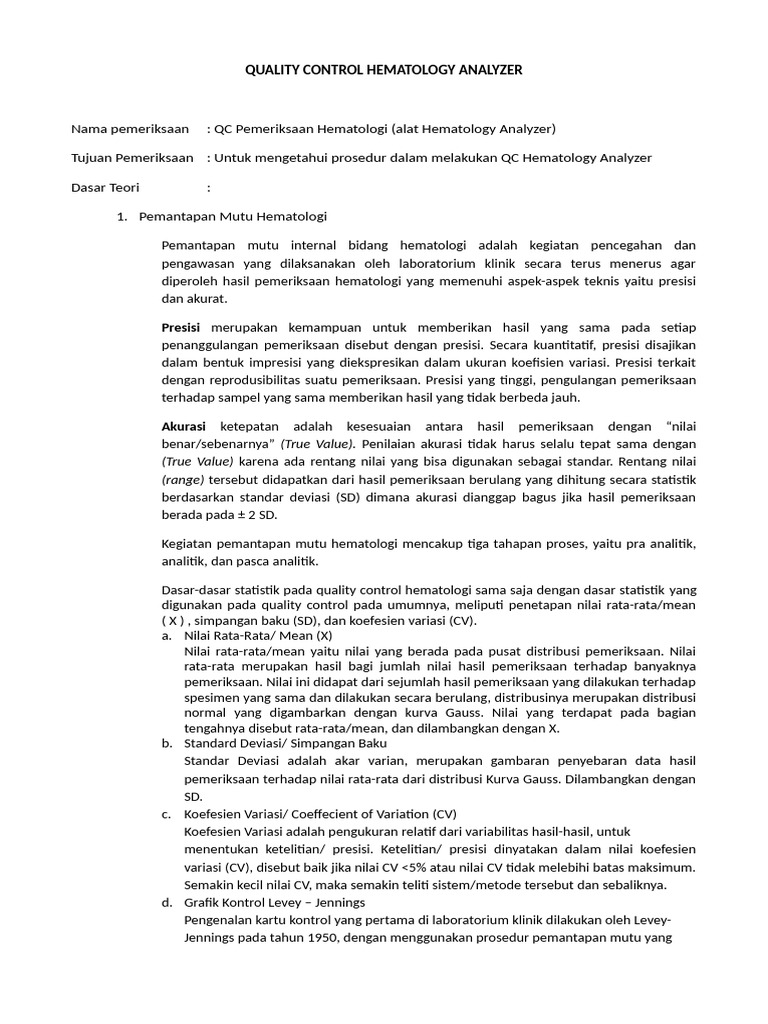 QC Hematology Analyzer: Prosedur dan Kontrol | PDF