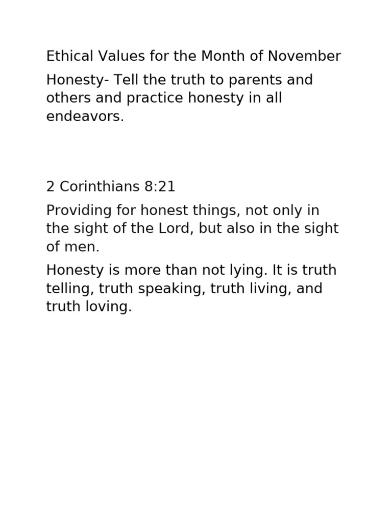 November Ethical Values: Honesty | PDF