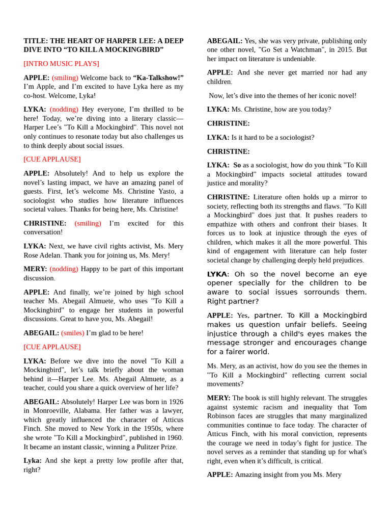 KA-TALKSHOW-SCRIPT-2 | PDF | To Kill A Mockingbird | Social Psychology