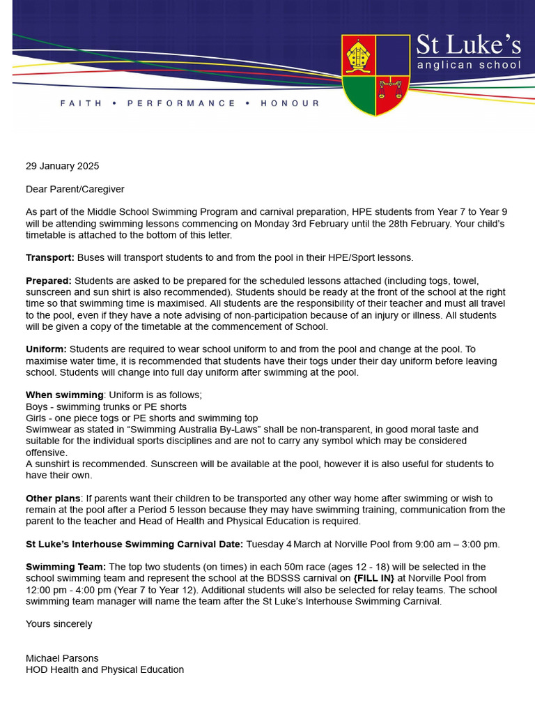 7B Parsons Swimming Letter 2025 | PDF | Leisure Activities | Swimming