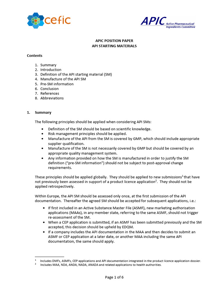 API Starting Materials Position Paper | PDF