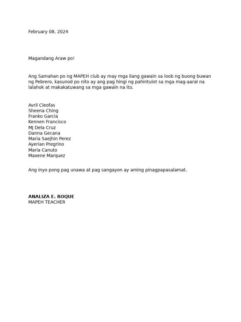 Mapeh Club Excuse Letter | PDF