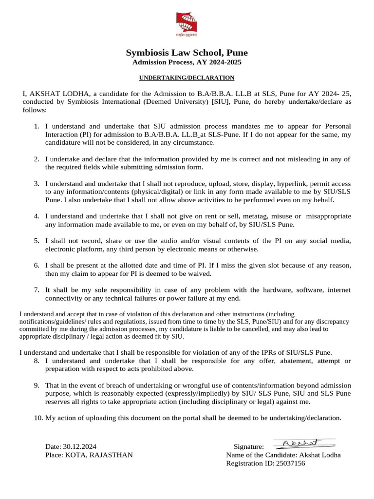 SLS Pune Admission Declaration 2024-25 | PDF | Justice | Crime & Violence