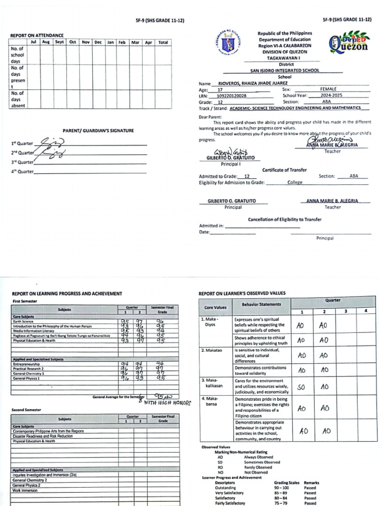 Grade 12 Report Card-Rioveros | PDF