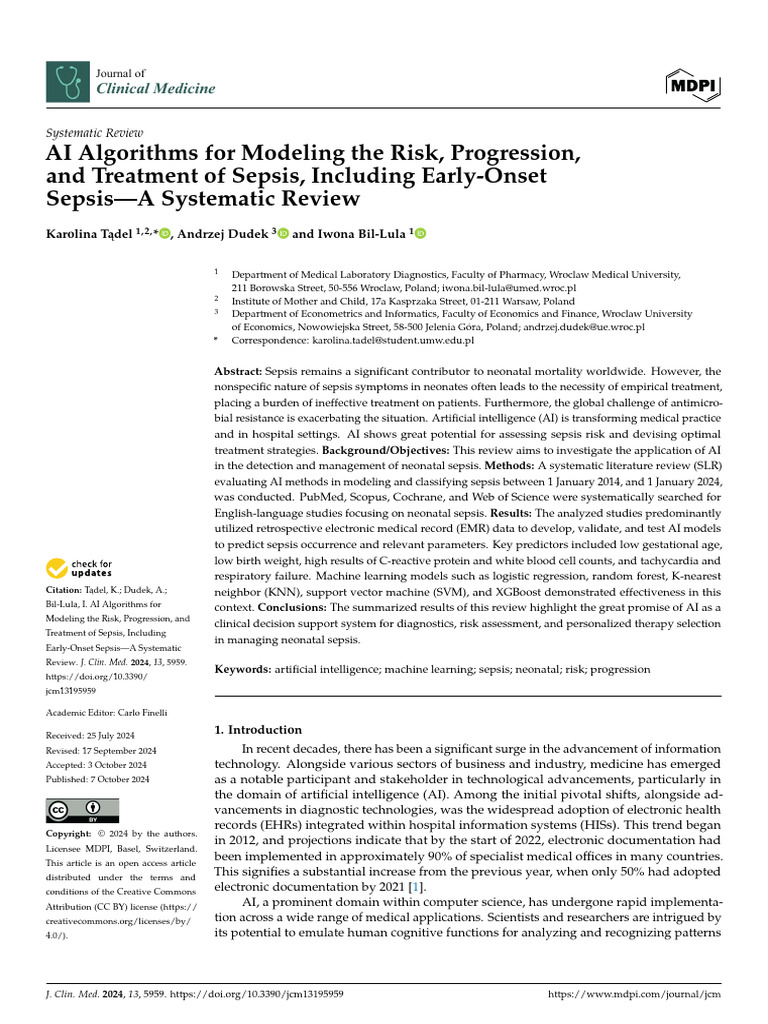 AI algorithms predict Sepsis | PDF | Systematic Review | Sepsis