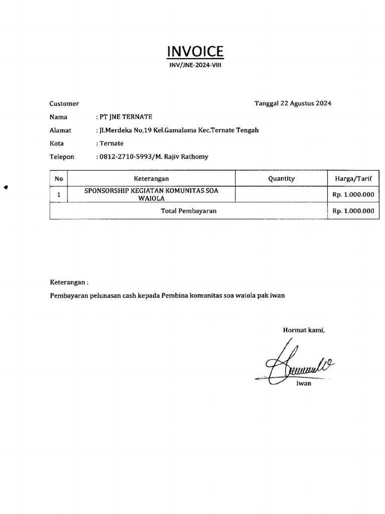 Invoice Komunitas Soa Waiola | PDF