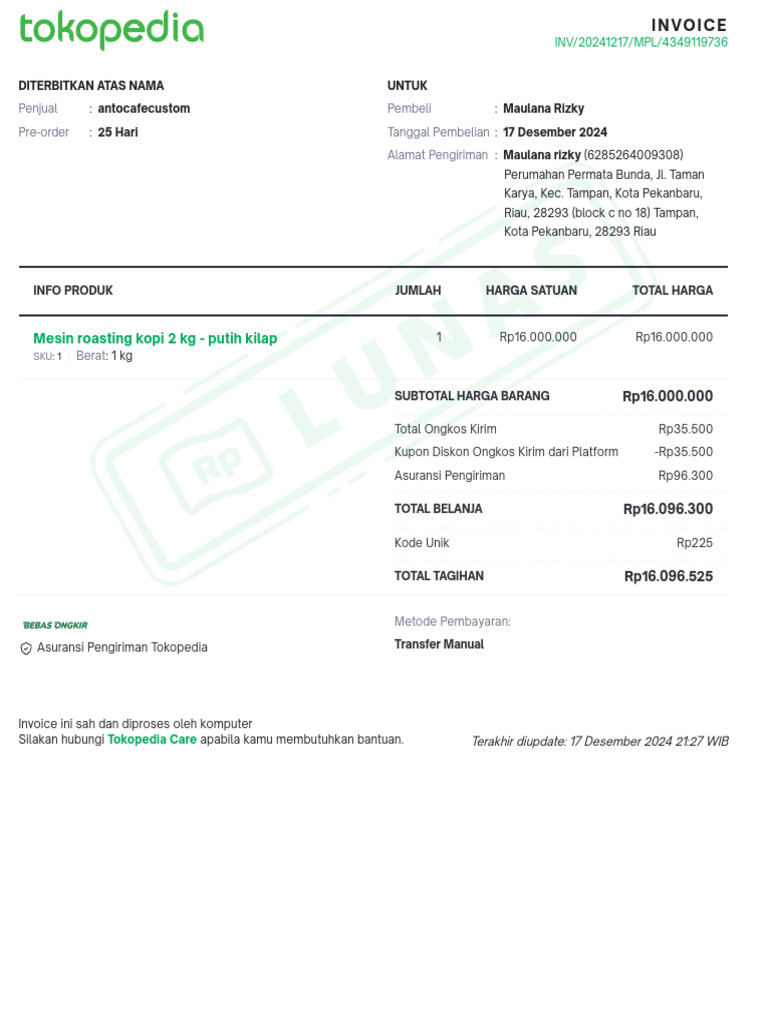 Invoice Mesin Roasting Kopi 2 kg | PDF