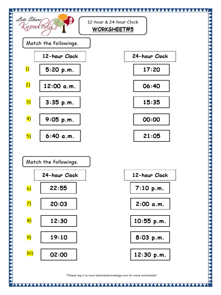 12 Hour 24 Hour Clock Grade 4 Maths Resources Printable Worksheets w5 | PDF
