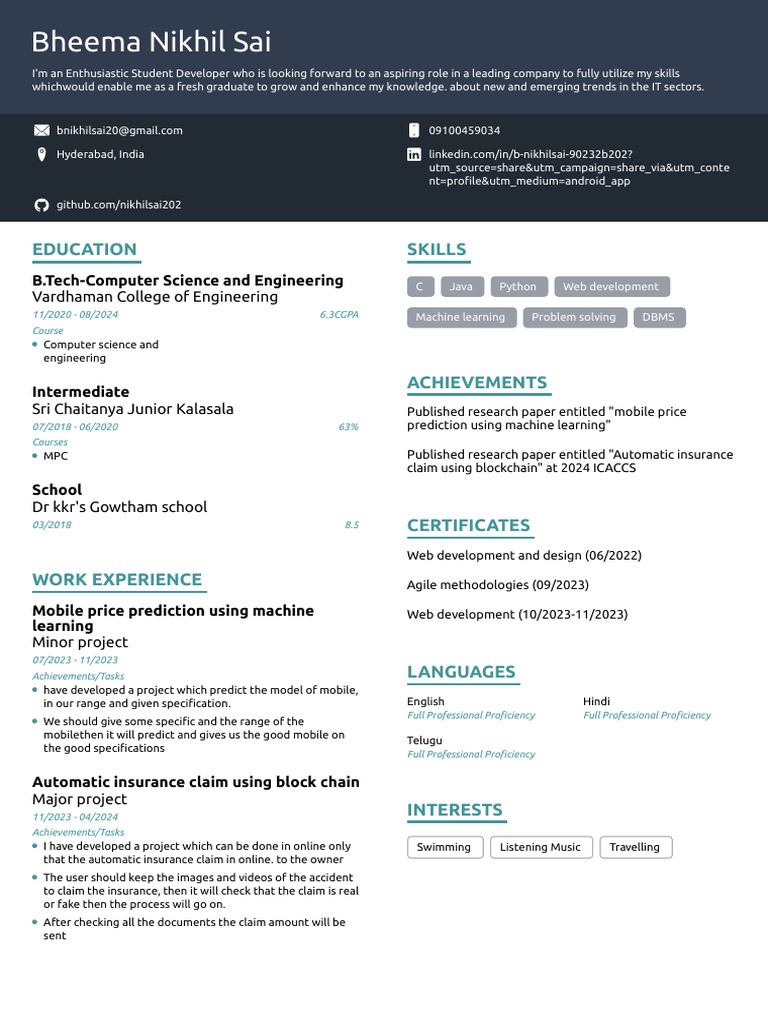 Bheema Nikhil Sai Resume - 241105 - 155110 | PDF | Learning | Cognition