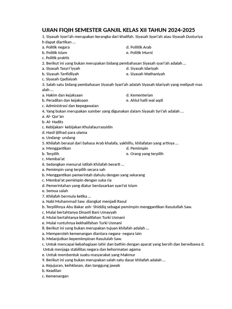 UJIAN FIQIH SEMESTER GANJIL KELAS XII TAHUN 2024 BARU (1) | PDF