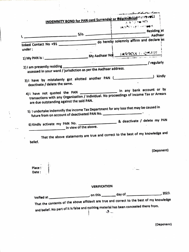 PAN Card Indemnity Declaration | PDF | Taxes