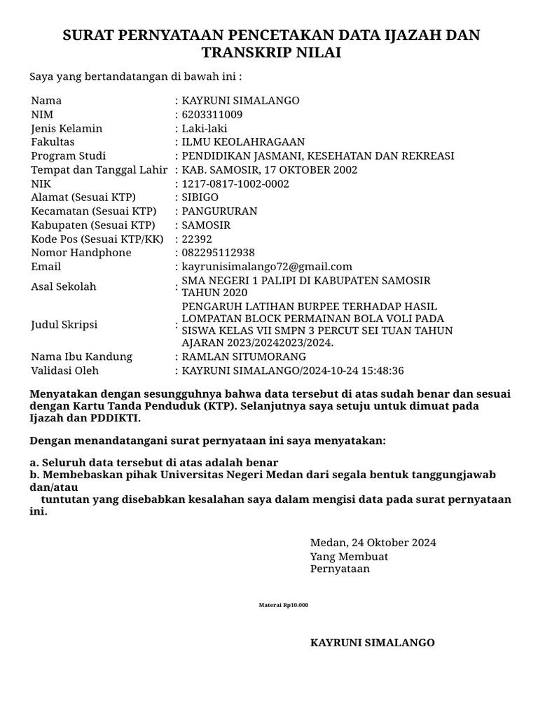 SURAT PERNYATAAN PENCETAKAN DATA IJAZAH DAN TRANSKRIP NILAI | PDF