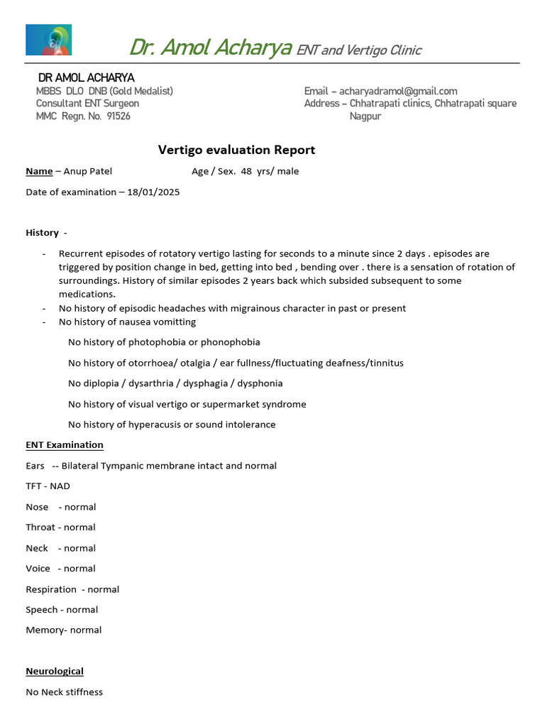 Vertigo evaluaton and VNG Report anup patel | PDF | Vertigo | Neurology