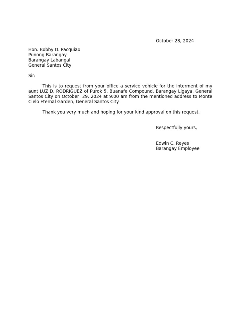 Request for Service Vehicle for Interment | PDF