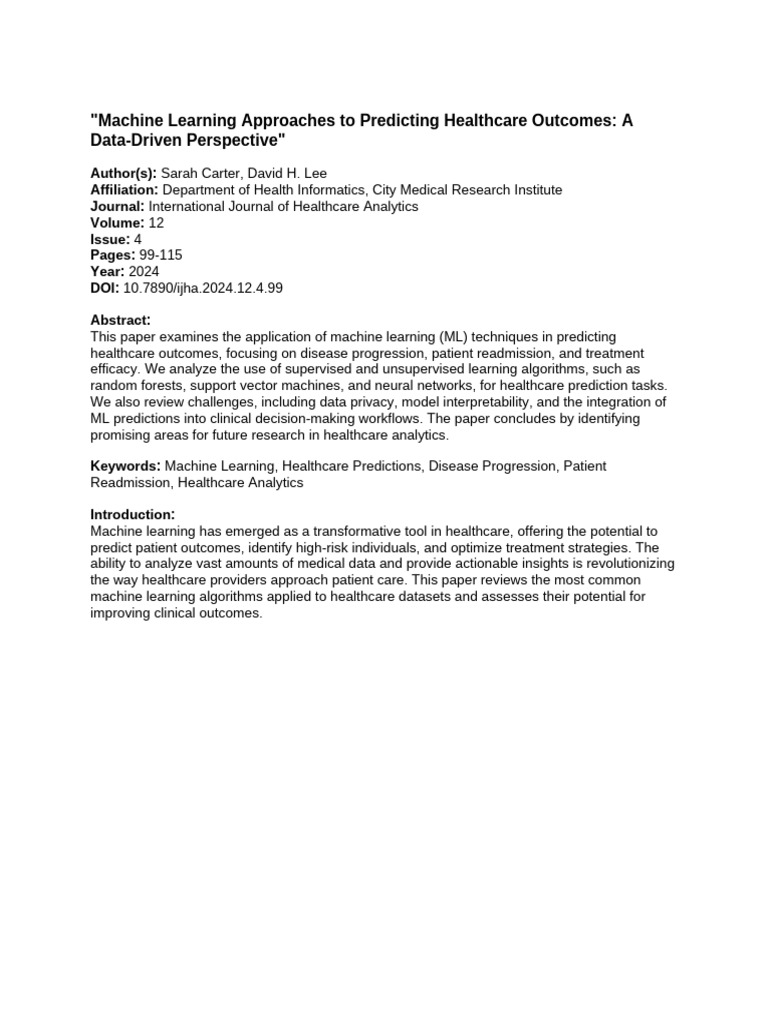 Machine Learning in Healthcare Outcomes | PDF