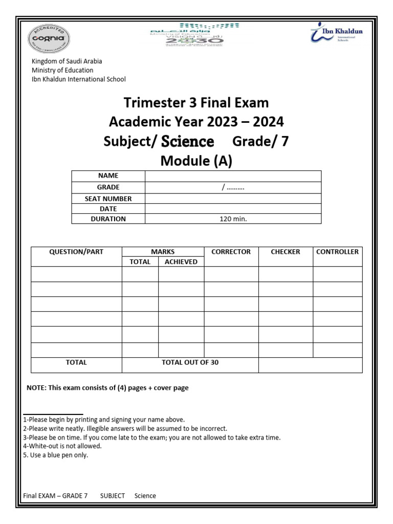 Grade 7 Science Final Exam 2023-2024 | PDF | Air Pollution | Water