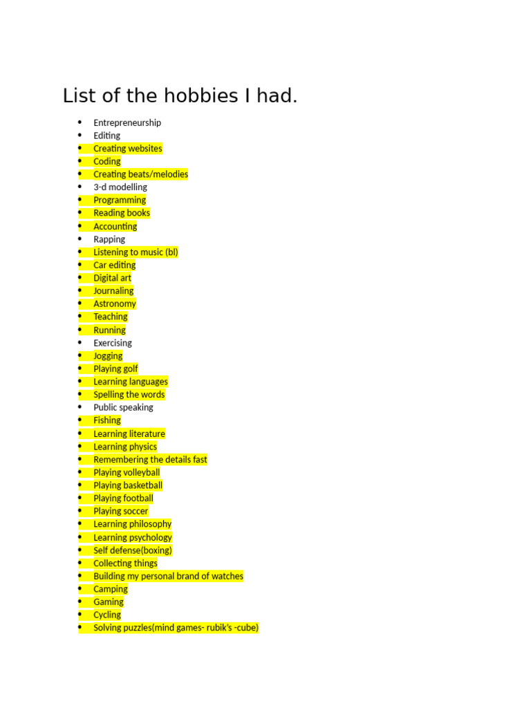 My Past Hobbies List | PDF