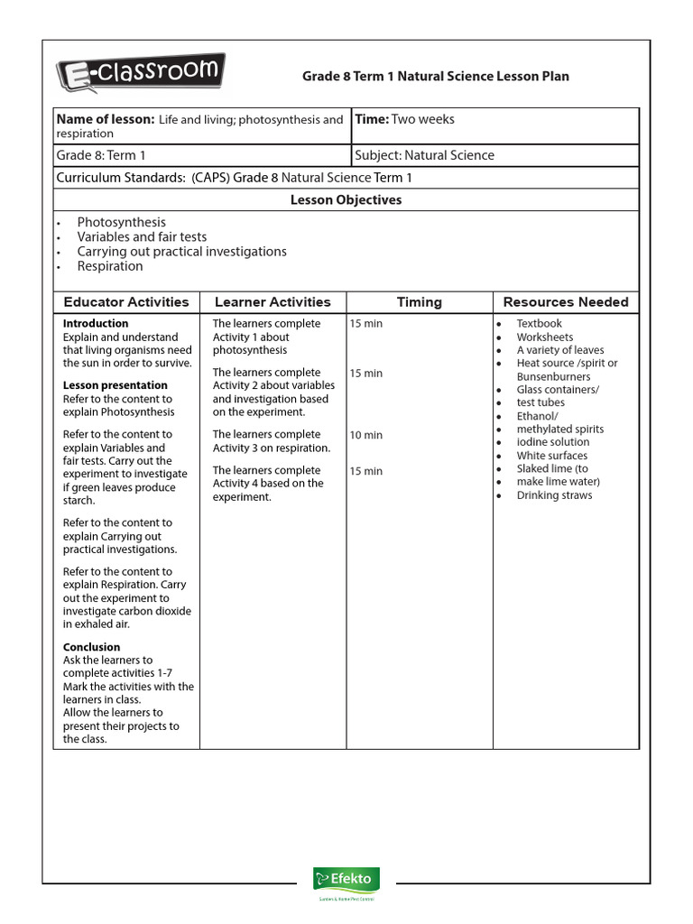 Grade 8 Photosynthesis Lesson Plan | PDF | Photosynthesis | Lime (Material)