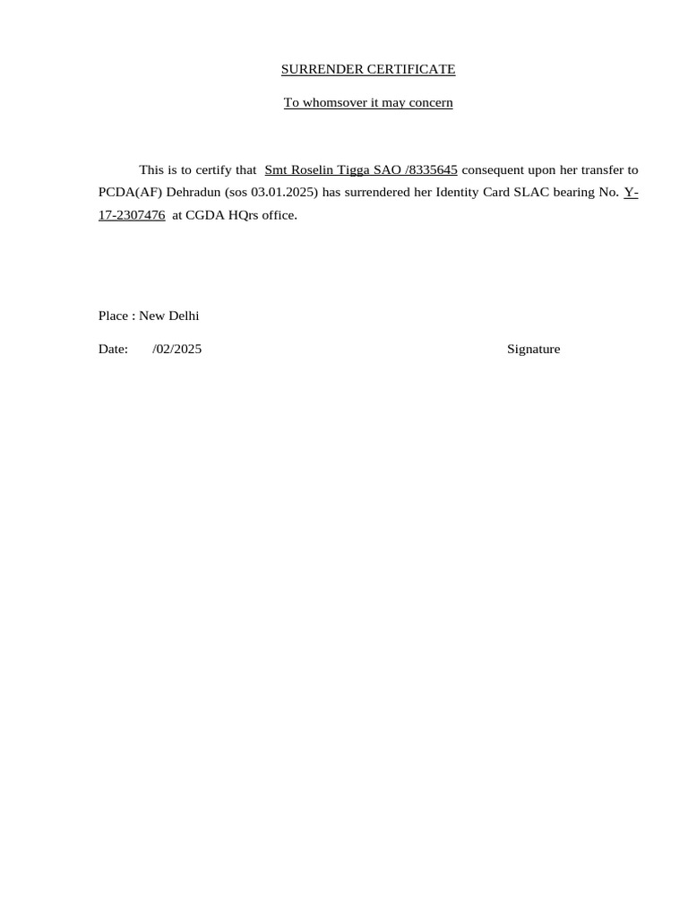Surrender Certificate | PDF