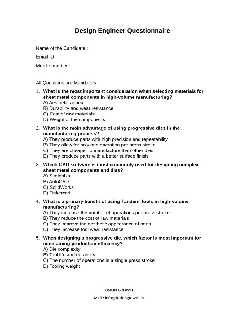 Design Engineer Questionnaire | PDF | Sheet Metal | Wear