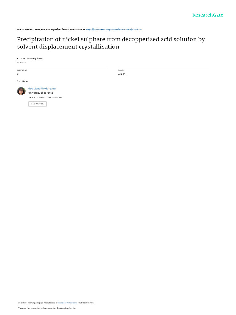 Precipitation of Nickel Sulphate From Decopperised Acid Solution by ...