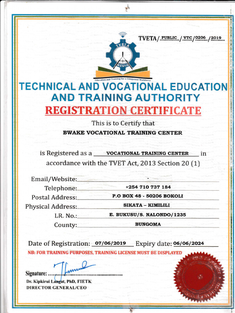 TVET Registration Certificate Example | PDF