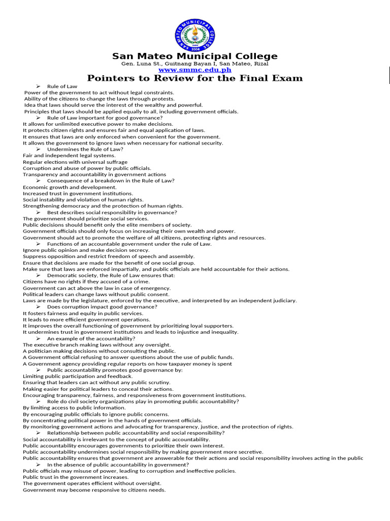Pointers-to-Review-final-exam | PDF | Sustainability | Governance