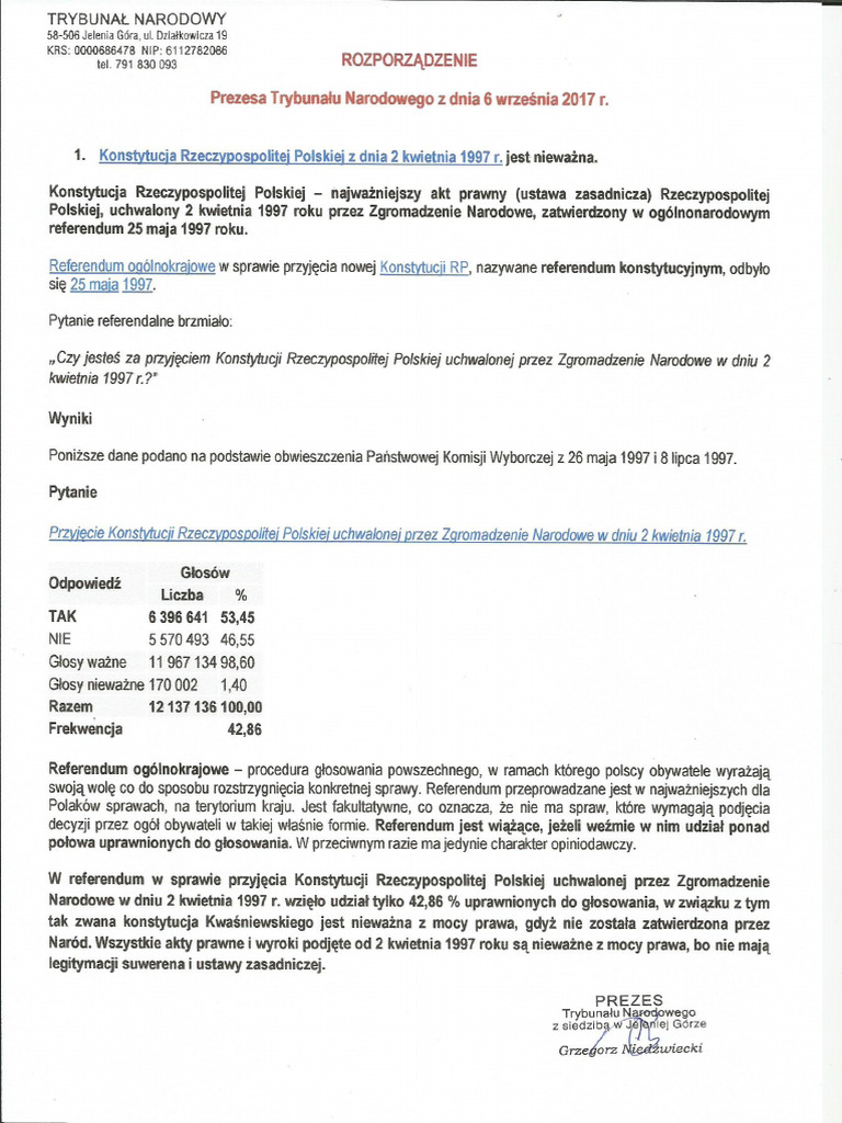 Konstytucja Kwaśniewskiego - Trybunal Narodowy o Konstytucji 1997 | PDF