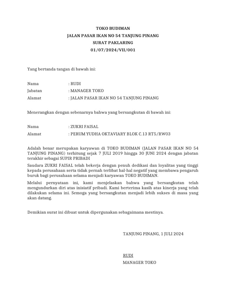 Surat Paklaring Karyawan Toko Budiman | PDF